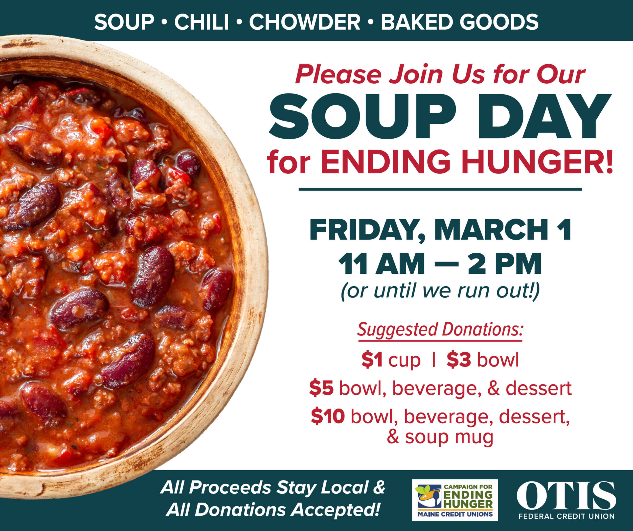 Soup Day for Ending Hunger on Friday, March 1st!